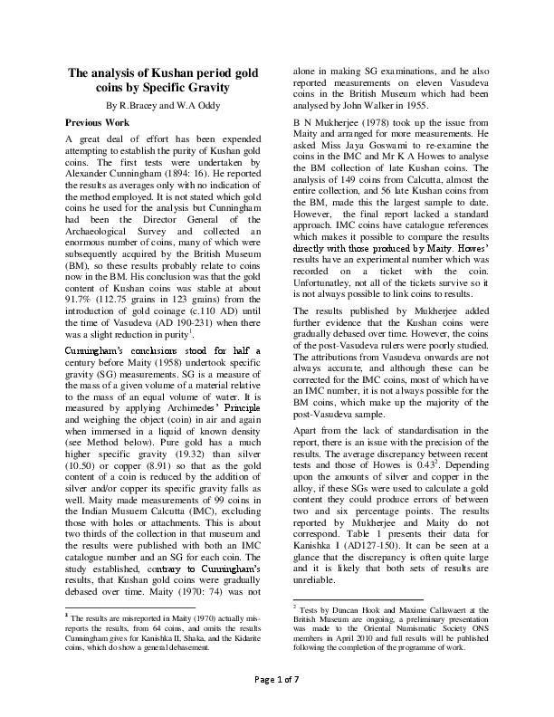 (PDF) The Analysis of Kushan Period Gold Coins by Specific Gravity