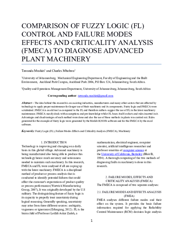 (DOC) COMPARISON OF FUZZY LOGIC (FL) CONTROL AND FAILURE MODES EFFECTS AND CRITICALITY ANALYSIS ...