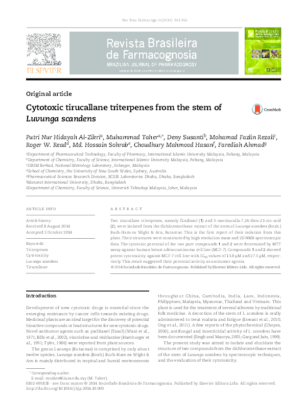 Cytotoxic tirucallane triterpenes from the stem of Luvunga scandens