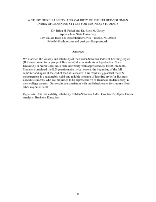 (PDF) A STUDY OF RELIABILITY AND VALIDITY OF THE FELDER-SOLOMAN INDEX ...