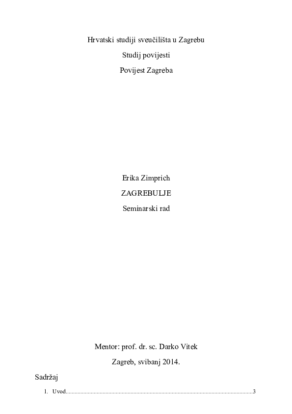 (DOC) Hrvatski studiji sveučilišta u Zagrebu Studij povijesti Povijest Zagreba