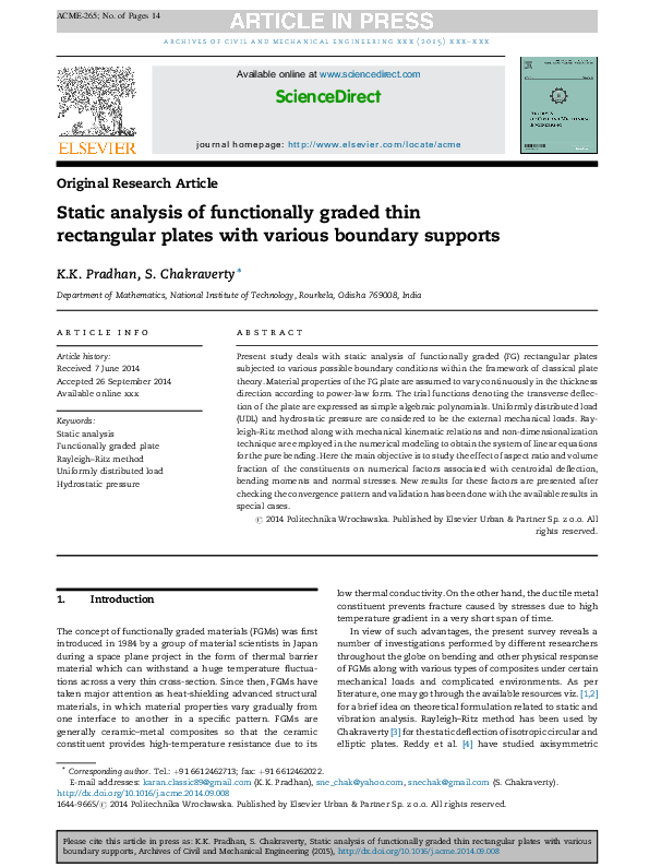 Pdf Static Analysis Of Functionally Graded Thin Rectangular Plates