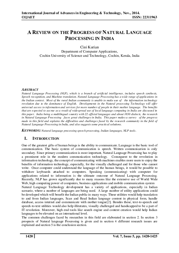 (PDF) A REVIEW ON THE PROGRESS OF NATURAL LANGUAGE PROCESSING IN INDIA