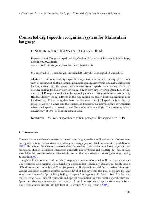 (PDF) Connected digit speech recognition system for Malayalam language