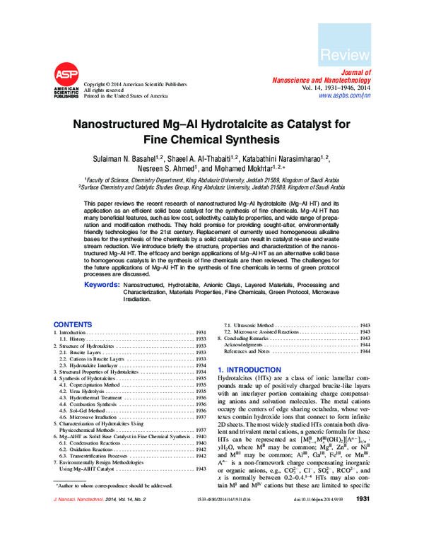 (PDF) Nanostructured Mg–Al Hydrotalcite as Catalyst for Fine Chemical ...