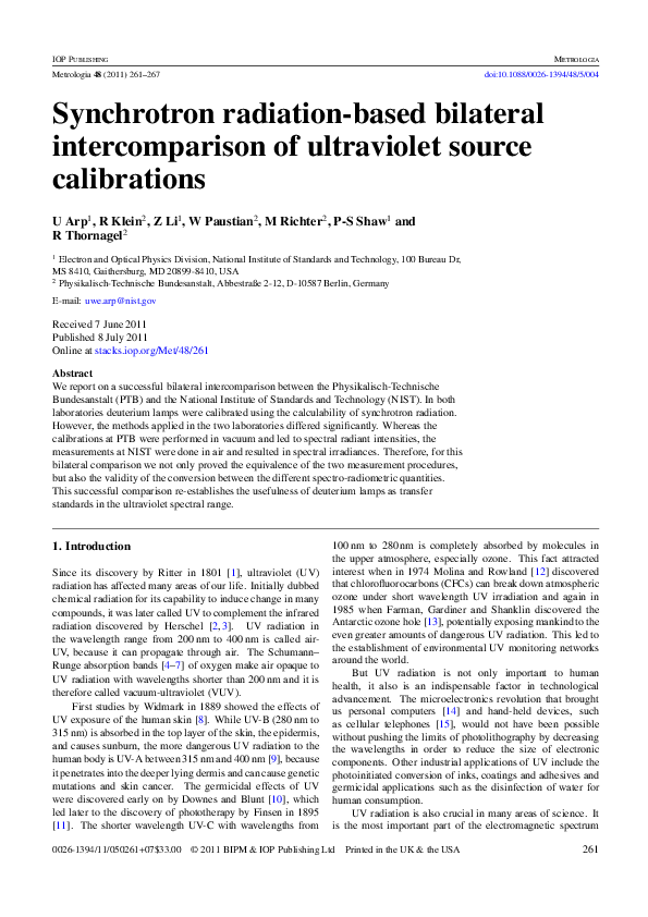 (PDF) Synchrotron radiation-based bilateral intercomparison of ultraviolet source calibrations