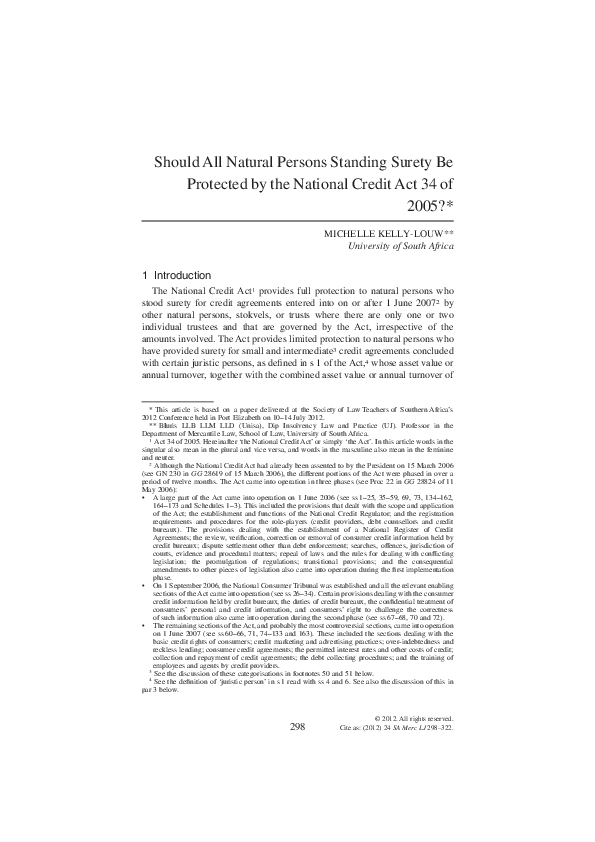 (PDF) Should all natural persons standing surety be protected by the National Credit Act 34 of 2005?