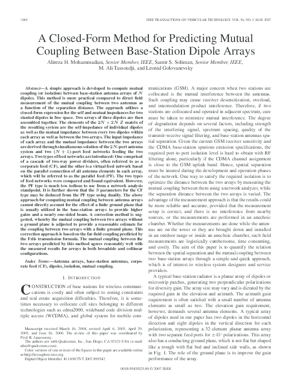 Pdf A Closed Form Method For Predicting Mutual Coupling Between Base