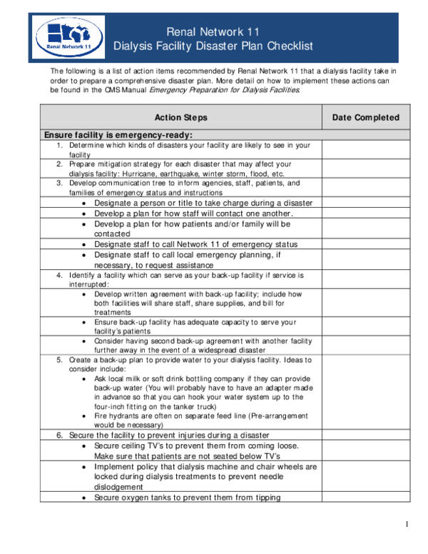 (PDF) County Emergency Management Form Renal Network 11 Dialysis Facility Disaster Plan Checklist