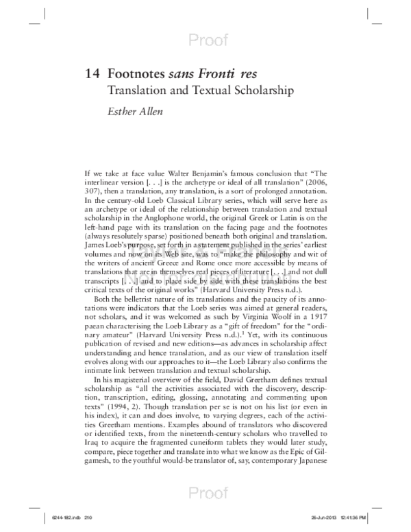 (PDF) Footnotes sans frontières: Translation and Textual Scholarship