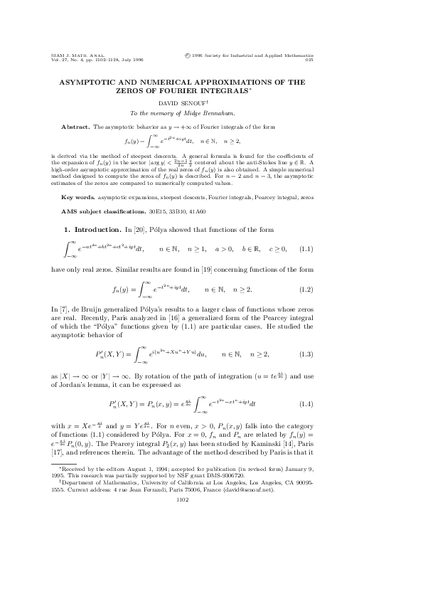 Pdf Asymptotic And Numerical Approximations Of The Zeros Of Fourier Integrals
