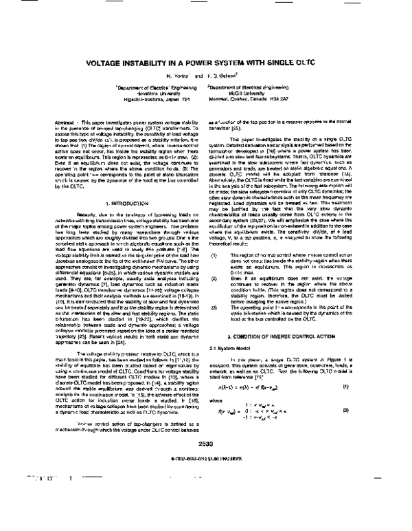 (PDF) VOLTAGE INSTABILITY IN A POWER SYSTEM WITH SINGLE OLTC