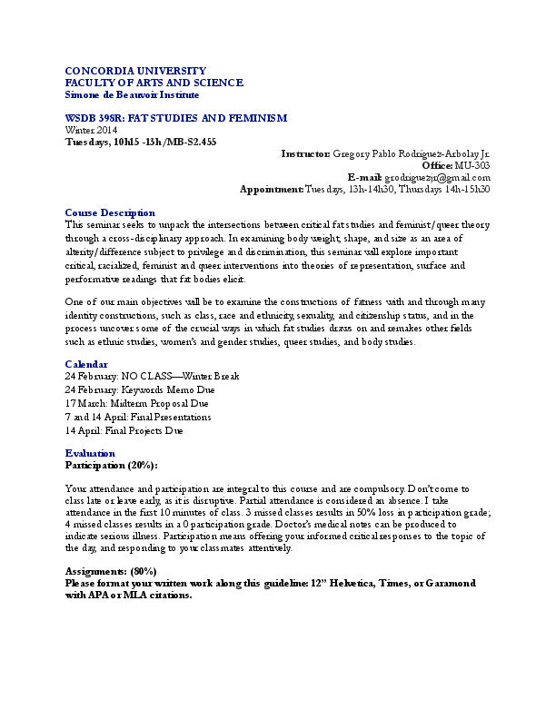 (PDF) Syllabus: Fat Studies and Feminism
