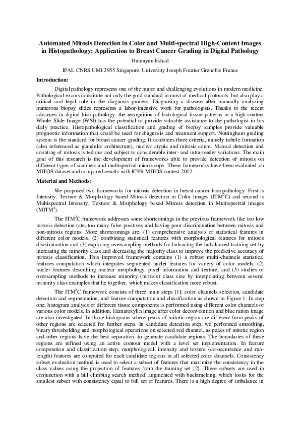 Pdf Automated Mitosis Detection In Color And Multi Spectral High Content Images In