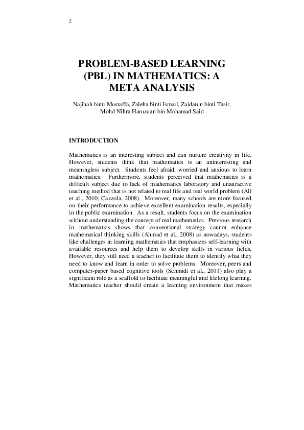 (PDF) PROBLEM-BASED LEARNING (PBL) IN MATHEMATICS: A META ANALYSIS