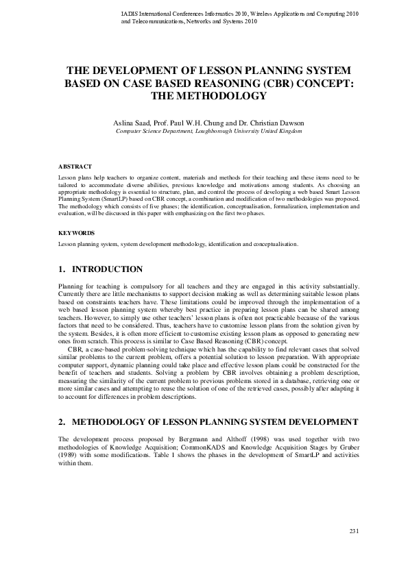 (PDF) THE DEVELOPMENT OF LESSON PLANNING SYSTEM BASED ON CASE BASED REASONING (CBR) CONCEPT: THE ...