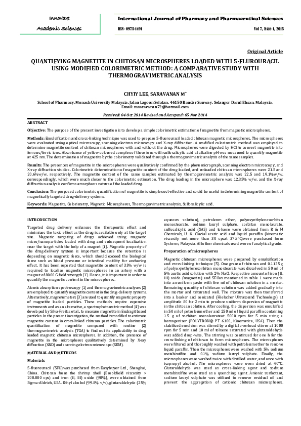 (PDF) QUANTIFYING MAGNETITE IN CHITOSAN MICROSPHERES LOADED WITH 5-FLUROURACIL USING MODIFIED ...