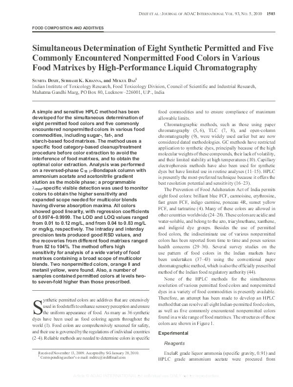 Pdf Simultaneous Determination Of Eight Synthetic Permitted And Five Commonly Encountered