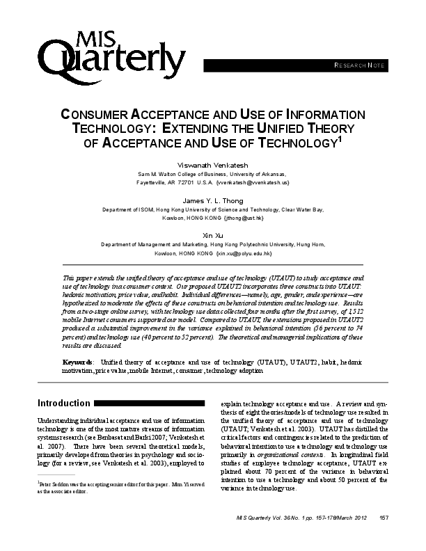 (PDF) Unified theory of acceptance and use of technology (UTAUT2)
