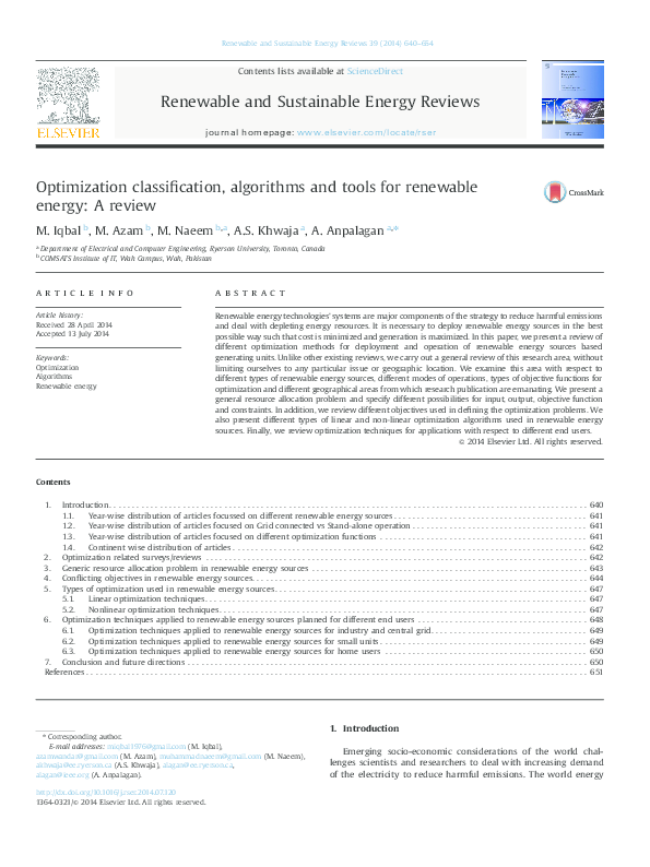 (PDF) Optimization classification, algorithms and tools for renewable ...