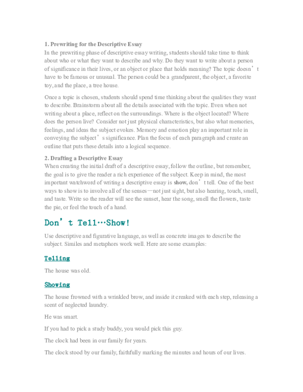 (DOC) Prewriting for the Descriptive Essay