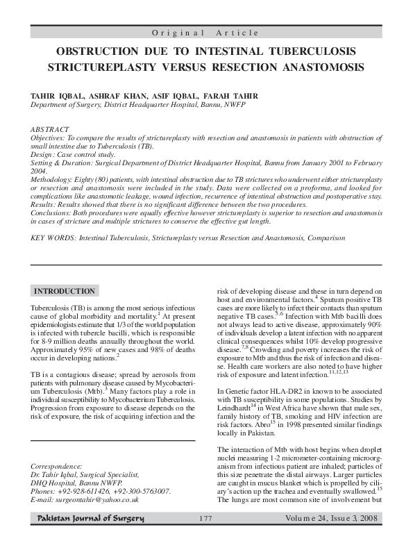 (PDF) Obstruction due to intestinal tuberculosis strictureplasty versus ...