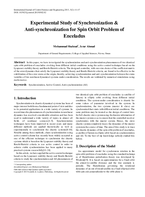 (PDF) Experimental Study of Synchronization & Anti-synchronization for Spin Orbit Problem of ...