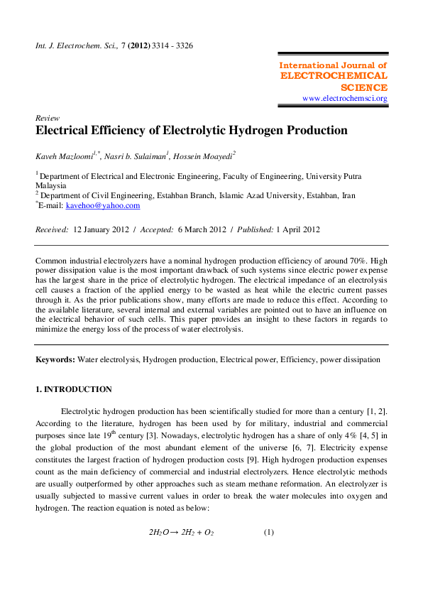 (PDF) Electrical Efficiency of Electrolytic Hydrogen Production