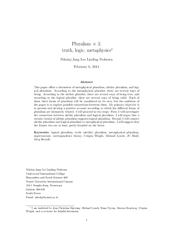 (PDF) Pluralism x 3: truth, logic, metaphysics.