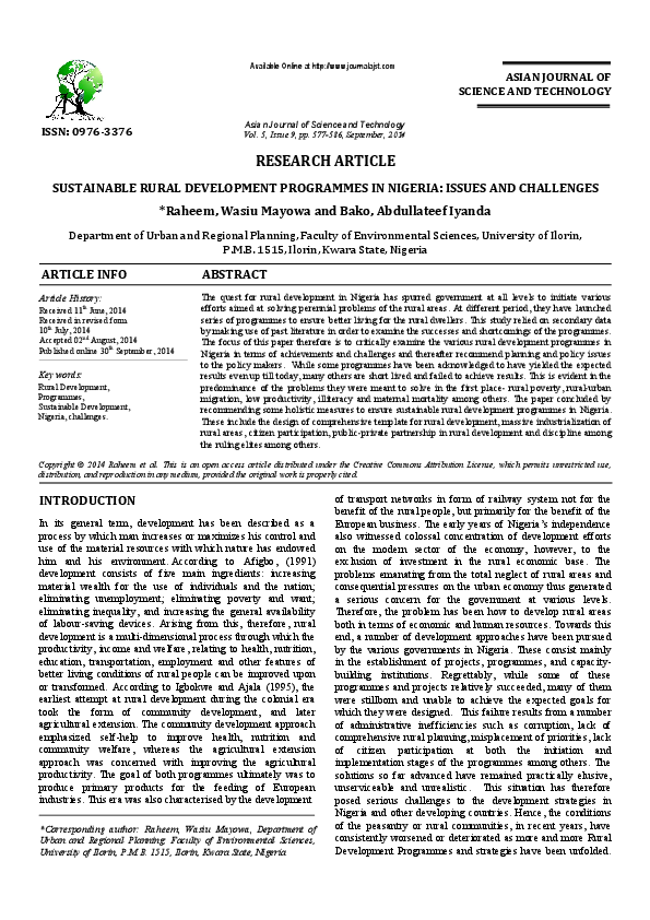(PDF) SUSTAINABLE RURAL DEVELOPMENT PROGRAMMES IN NIGERIA: ISSUES AND ...