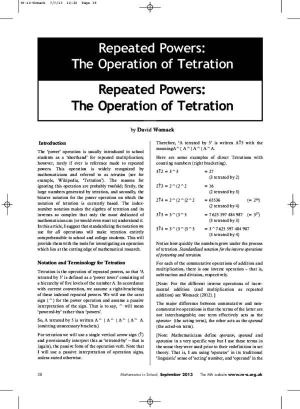 (PDF) Repeated powers: The operation of tetration
