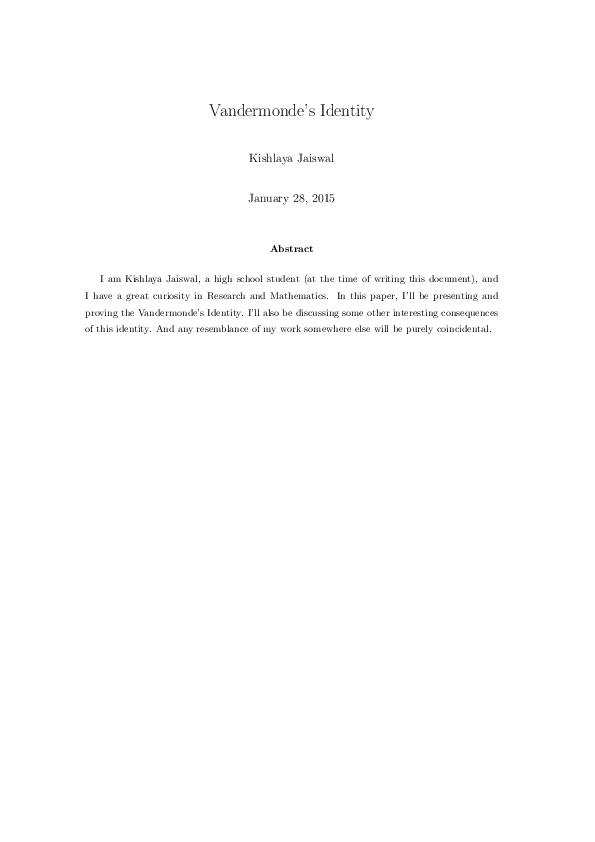 (PDF) Vandermonde's Identity