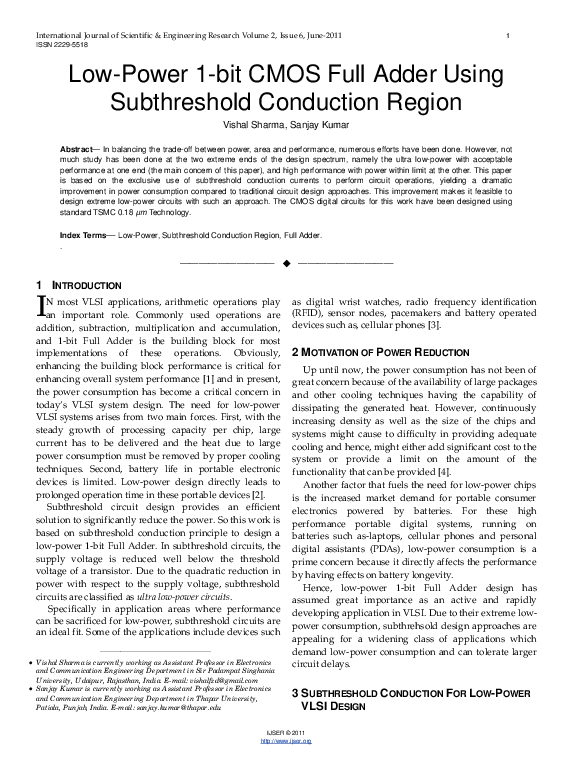 (PDF) “Low-Power 1-bit CMOS Full Adder using Subthreshold Conduction Region