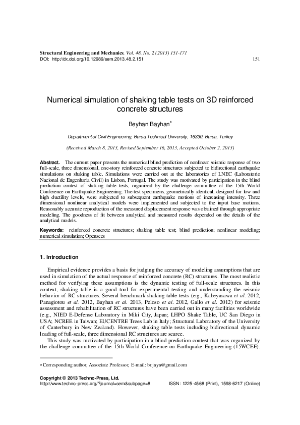 Pdf Numerical Simulation Of Shaking Table Tests On 3d Reinforced Concrete Structures