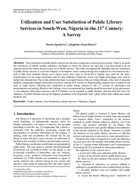 (PDF) Utilization and User Satisfaction of Public Library Services in South-West, Nigeria in the ...