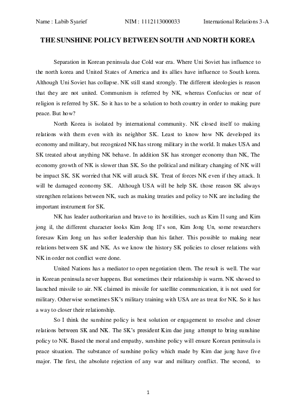 (PDF) THE SUNSHINE POLICY BETWEEN SOUTH AND NORTH KOREA