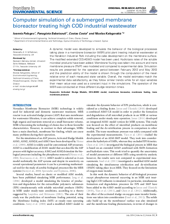 (PDF) Computer simulation of a submerged membrane bioreactor treating high COD industrial wastewater