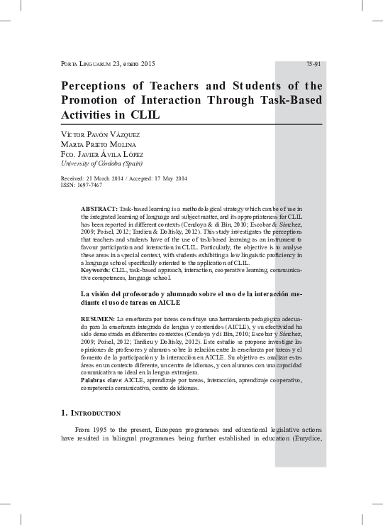 (PDF) Perceptions of teachers and students of the promotion of interaction through task-based ...