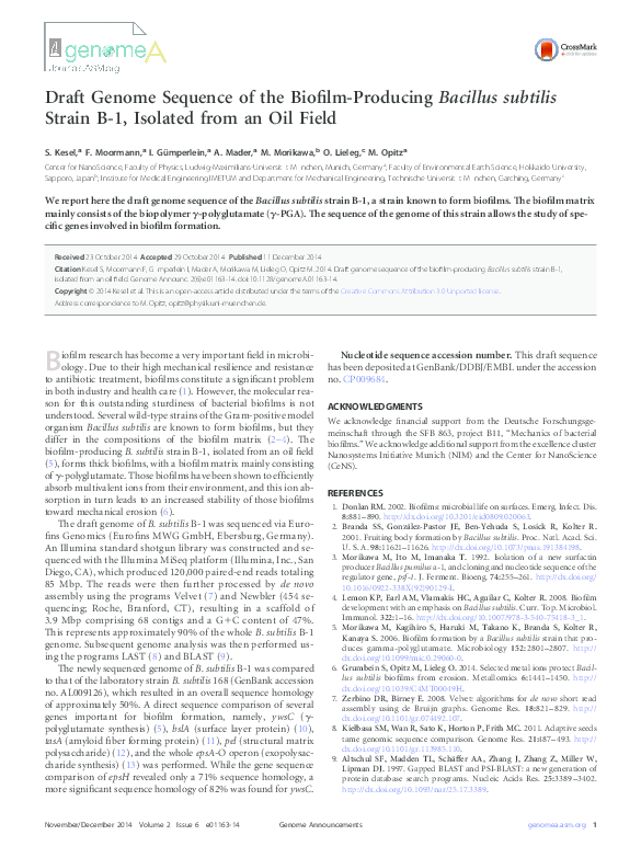 (PDF) Draft Genome Sequence of the Biofilm-Producing Bacillus Subtilis Strain B-1, Isolated from ...
