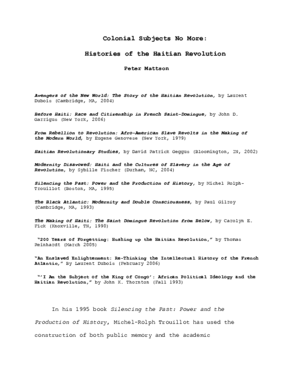 (DOC) Colonial Subjects No More: Histories of the Haitian Revolution