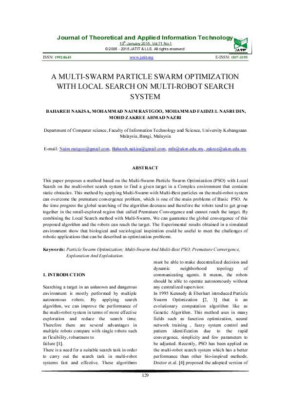 Pdf A Multi Swarm Particle Swarm Optimization With Local Search On Multirobot Search System