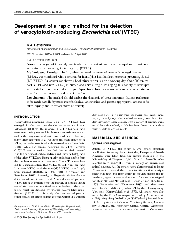 (PDF) Development of a rapid method for the detection of verocytotoxin ...
