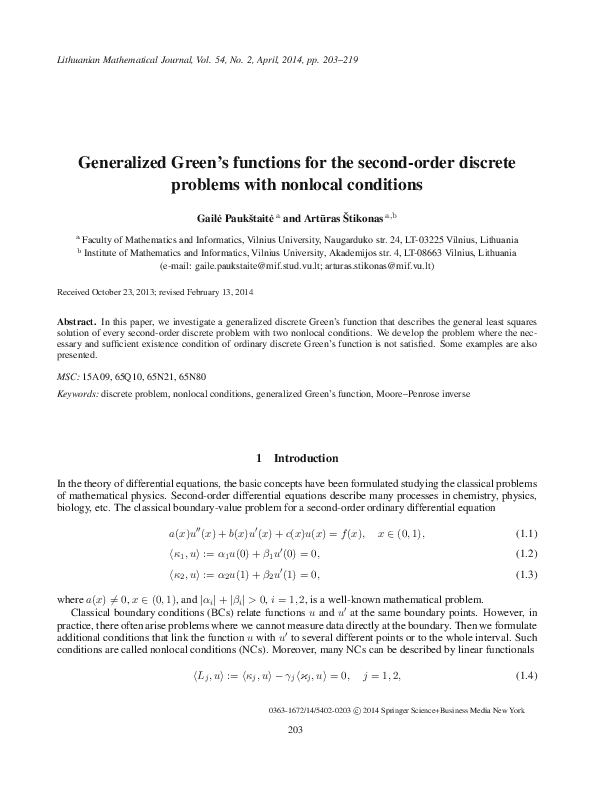 Pdf Generalized Greens Functions For The Second Order Discrete Problems With Nonlocal Conditions