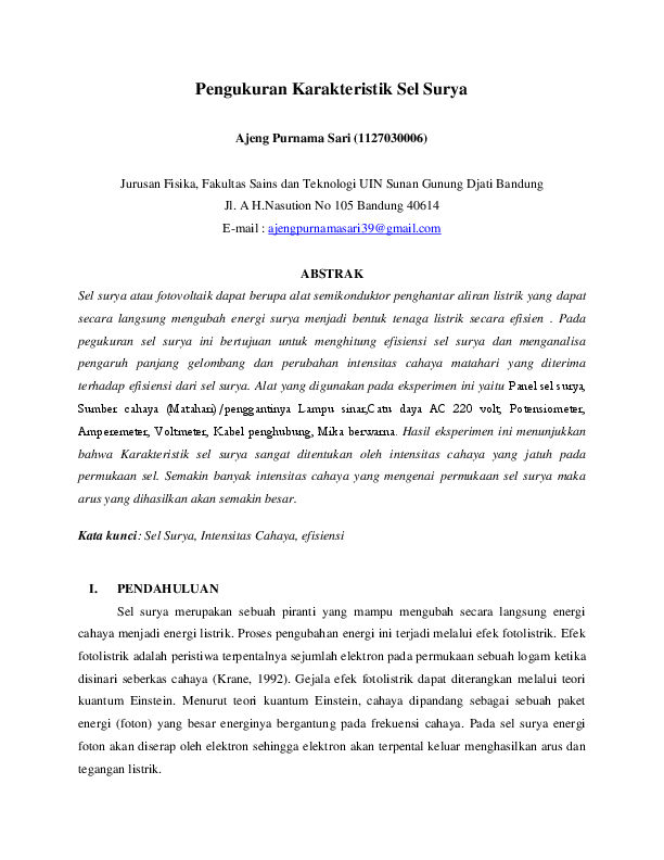 (PDF) Pengukuran Karakteristik Sel Surya