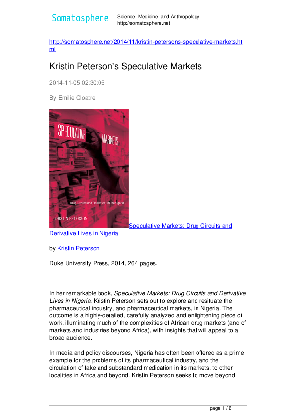 (PDF) Somatosphere Review of Speculative Markets by Emilie Cloatre