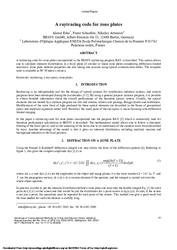 (PDF) 08-2004 PROC SPIE A raytracing code for zone plates
