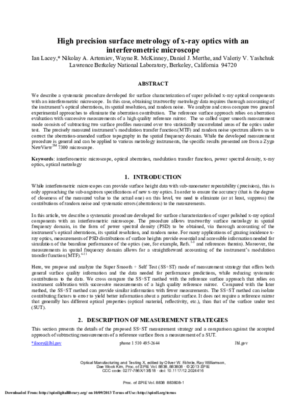(PDF) High precision surface metrology of x-ray optics with an interferometric microscope