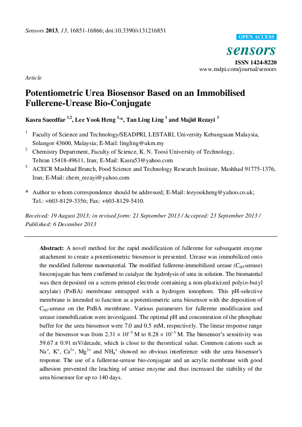 (PDF) Potentiometric Urea Biosensor Based on an Immobilised Fullerene ...