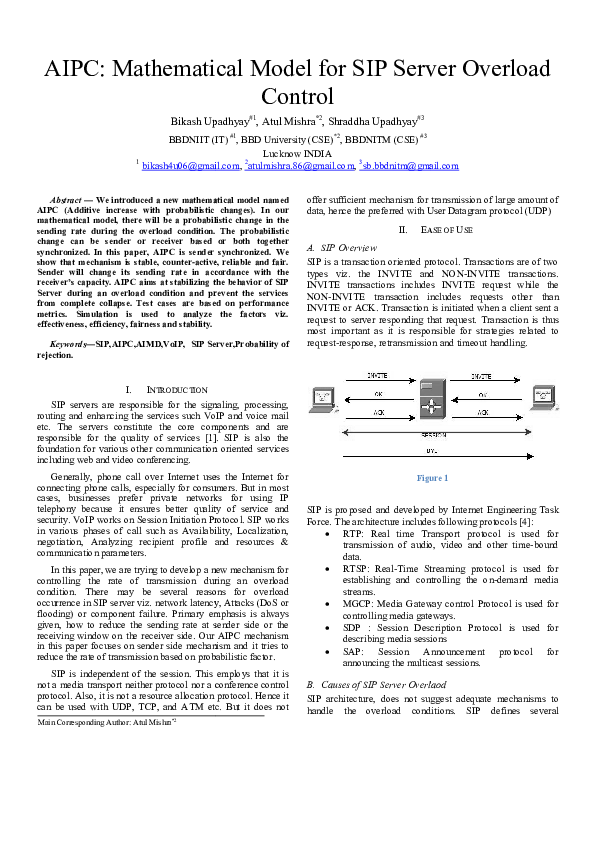 Pdf Aipc Mathematical Model For Sip Server Overload Control