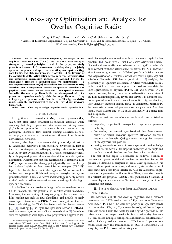 Pdf Cross Layer Optimization And Analysis For Overlay Cognitive Radio
